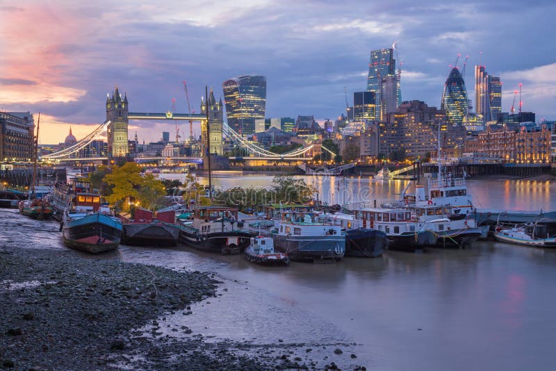 London - the Tower Bride, Ships and Skyscrapers at Dusk Stock Photo ...