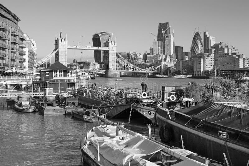London - the Tower Bride, Ships and Skyscrapers in the Morning Stock ...