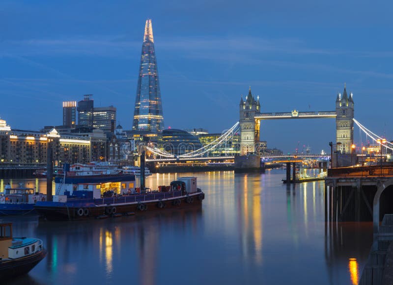 London - the Tower Bride and the Skyscraper Shard at Dusk Editorial ...