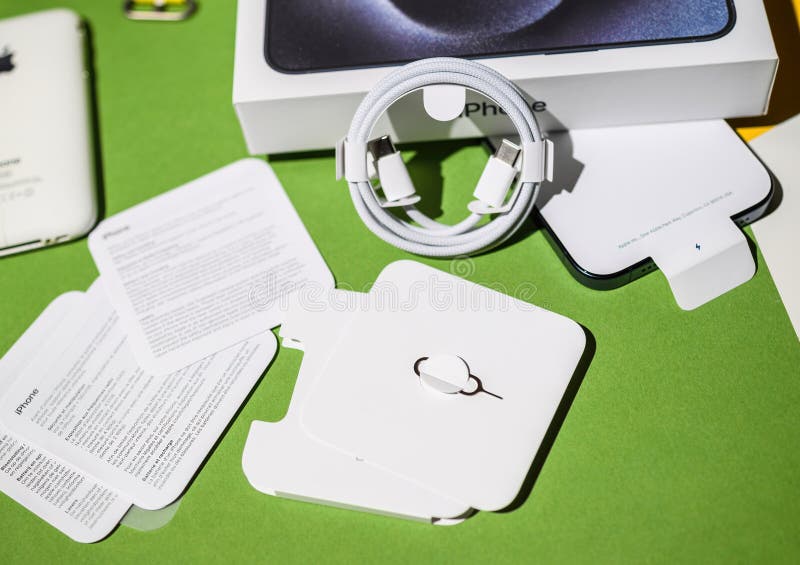 IPhone 15 Pro Max Unboxing: Sim Card Tool and Cable Editorial Stock ...