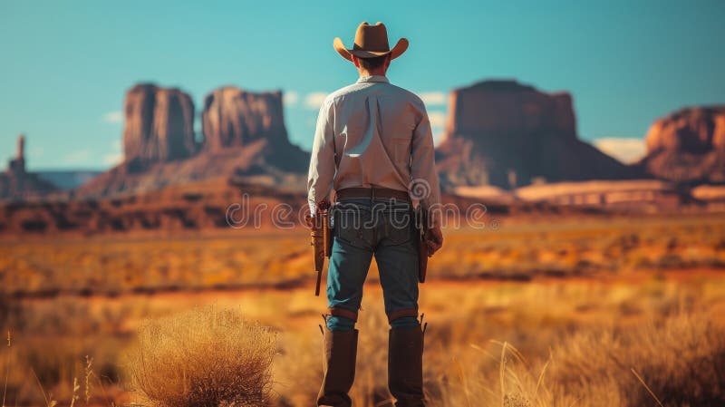 Lone American Cowboy Staring at the Desert Horizon Stock Illustration ...