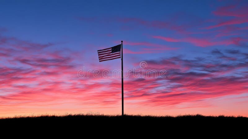 A Lone American Flag is Standing on a Hillside at Sunset Stock ...