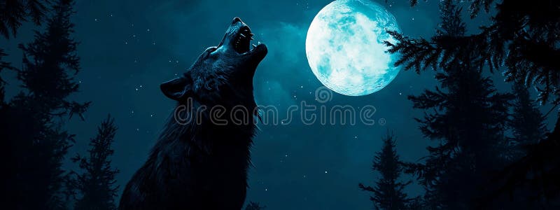 Lone Angry Wolf Howling in Dark Winter Night with Full Moon Stock ...
