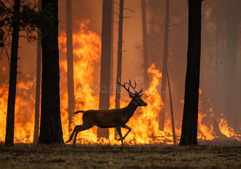 A Lone Animal Running through a Burning Forest with Flames and Smoke in ...