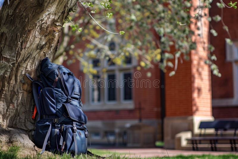Lone Backpack Leaning Against a Tree with Lecture Halls Behind Stock ...