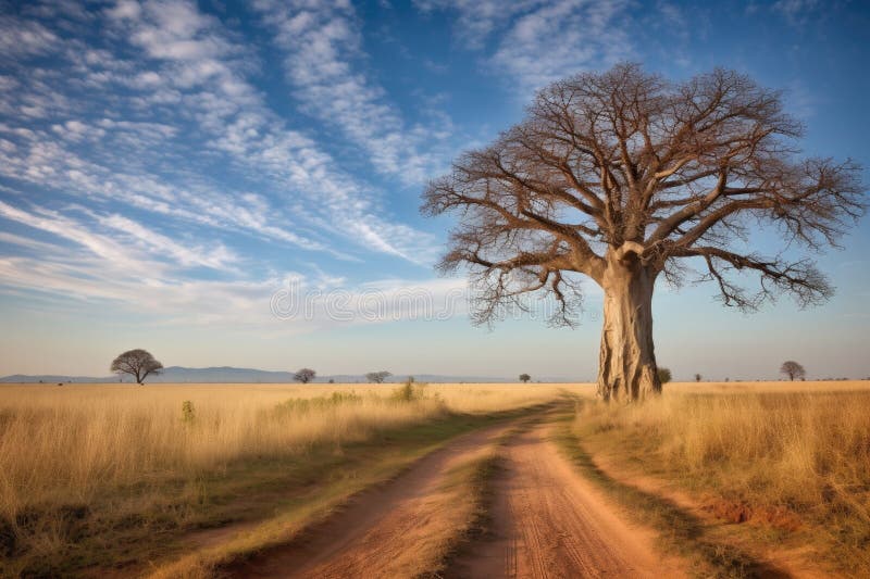 A Lone Baobab Tree in the Middle of the Savanna Stock Image - Image of ...