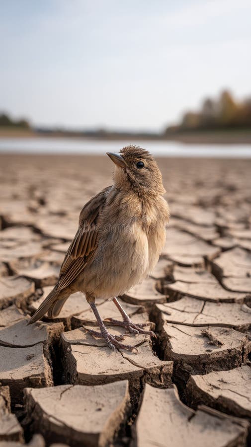 Lone Bird Stands on Cracked Earth in Dry Lakebed Stock Illustration ...