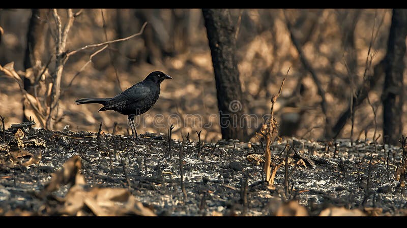 Lone Bird Stands in Regrowing Forest, Symbolizing Resilience after Fire ...