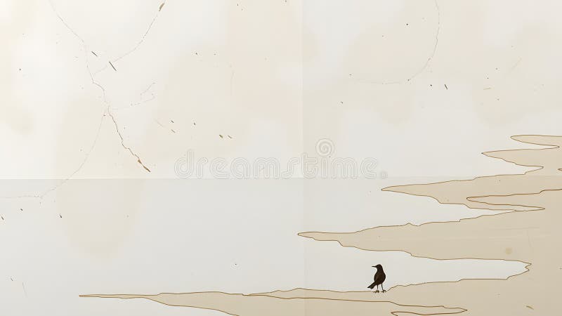 A Lone Bird Stands on a Simple Coastline Drawing Against a Light ...