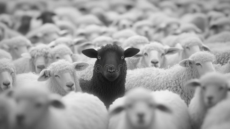 Lone Black Sheep Diverging from White Flock, Symbolizing Individuality ...