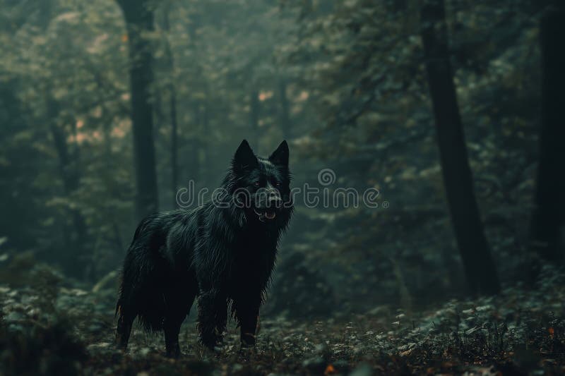 A Lone Black Wolf Stands Alert in a Misty, Dark Forest, Its Piercing Gaze Fixed on the Camera ...