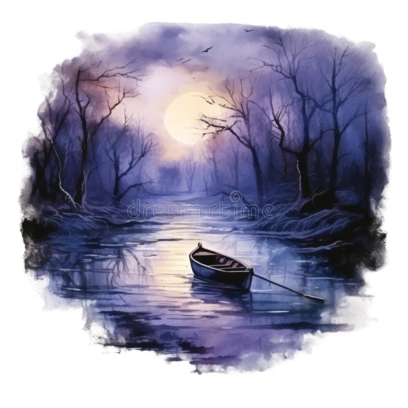 A Lone Boat Drifting on a Misty River Underneath a Full Moon Stock ...