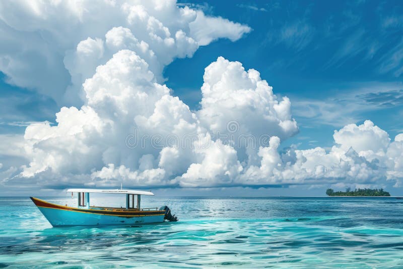 A Lone Boat Drifting in the Open Sea Stock Photo - Image of waves ...