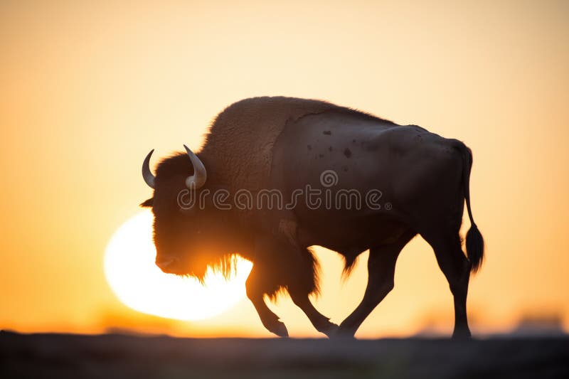 Lone Buffalo Silhouette Against a Setting Sun Stock Illustration ...
