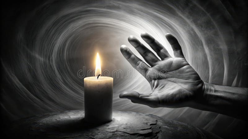 A Lone Candle Flame Illuminates the Darkness, a Reaching Hand Seemingly ...