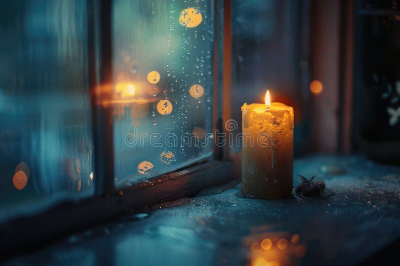 A Lone Candle Sits in Front of a Window, Casting Warm Light and Shadows ...