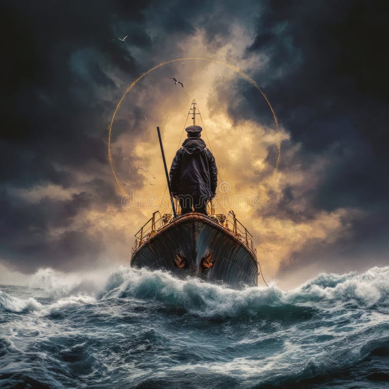 A Lone Captain on a Ship Sails through a Stormy Sea, Facing the Dark ...