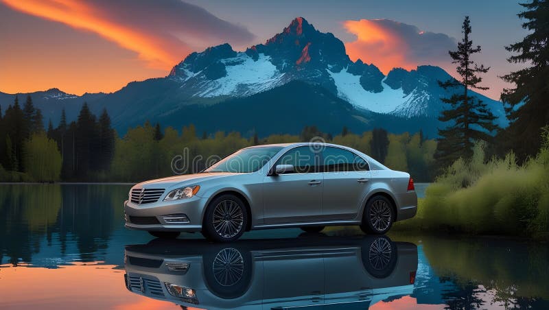 A Lone Car Parked by a Serene Lake with a Dramatic Mountain Backdrop at ...