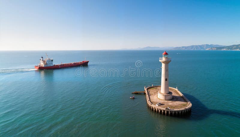 Lone Cargo Ship Navigating Near Lighthouse Under Clear Blue Sky ...