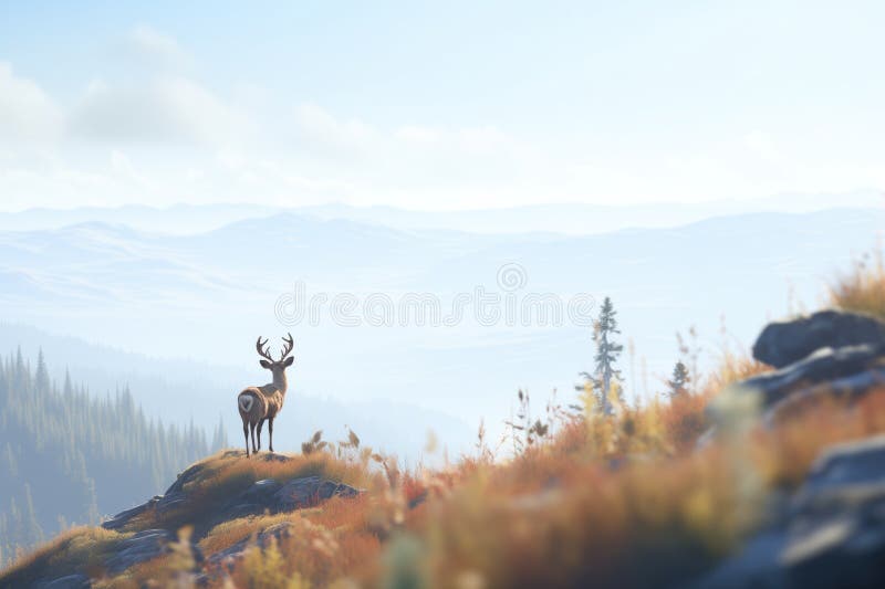 Lone Caribou Standing on a Ridge Overlooking Valley Stock Illustration ...