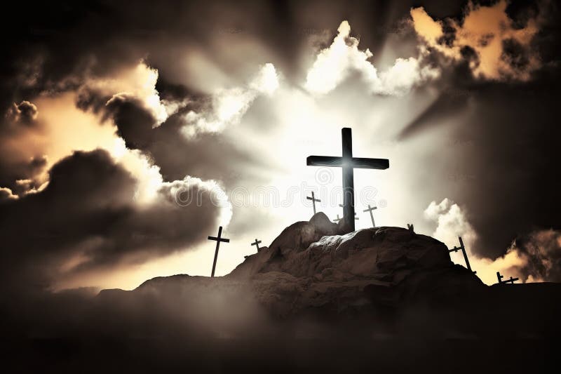 A Lone Catholic Cross on Top of a Hill with Glowing Heavenly Rays. Ai ...