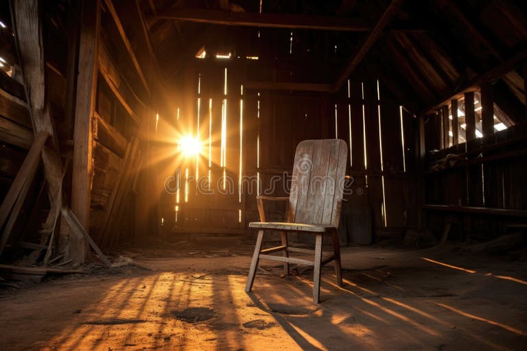 A Lone Chair in a Rustic Barn with the Light of the Setting Sun ...