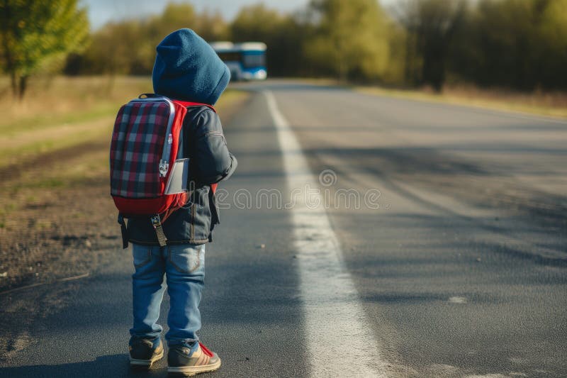 Lone Child with Backpack Peering Down Road for Bus Stock Image - Image ...
