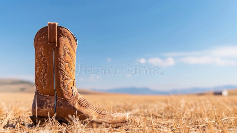 Lone Cowboy Boot on Dry Prairie Field Under Clear Blue Sky Stock Photo ...