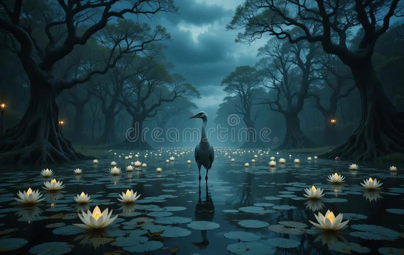 A Lone Crane Standing in a Swamp with Ancient Trees and Glowing Lilies ...