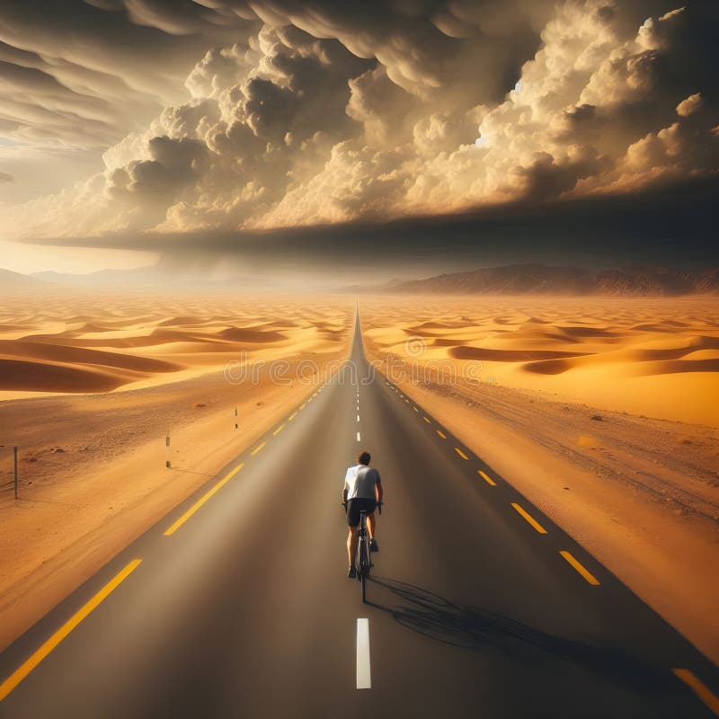 A Lone Cyclist is Crossing a Straight and Empty Road that Stretches Far ...