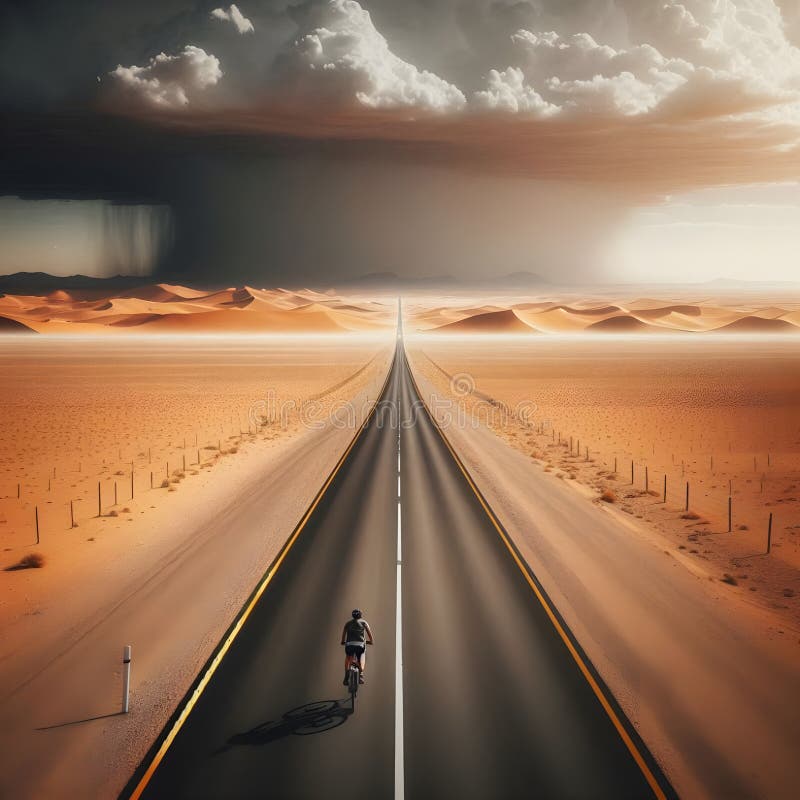 A Lone Cyclist is Crossing a Straight and Empty Road that Stretches Far ...
