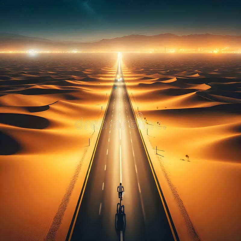 A Lone Cyclist is Crossing a Straight and Empty Road that Stretches Far ...