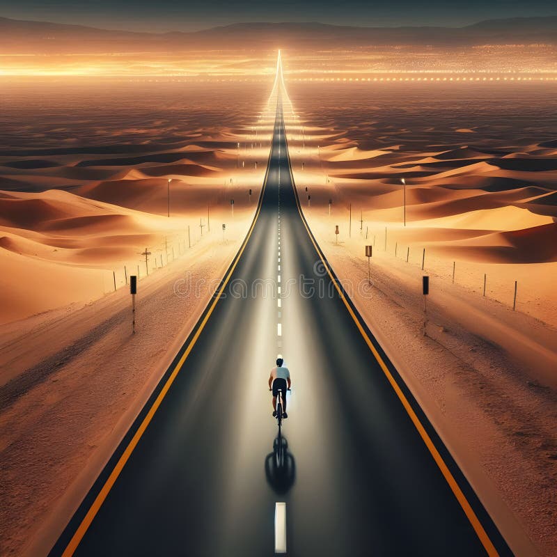 A Lone Cyclist is Crossing a Straight and Empty Road that Stretches Far ...