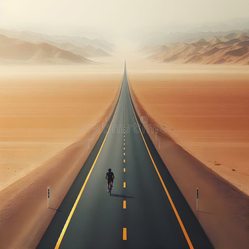 A Lone Cyclist is Crossing a Straight and Empty Road that Stretches Far ...