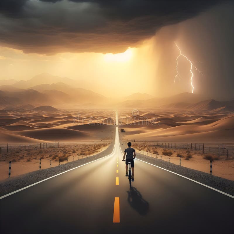 A Lone Cyclist is Crossing a Straight and Empty Road that Stretches Far ...