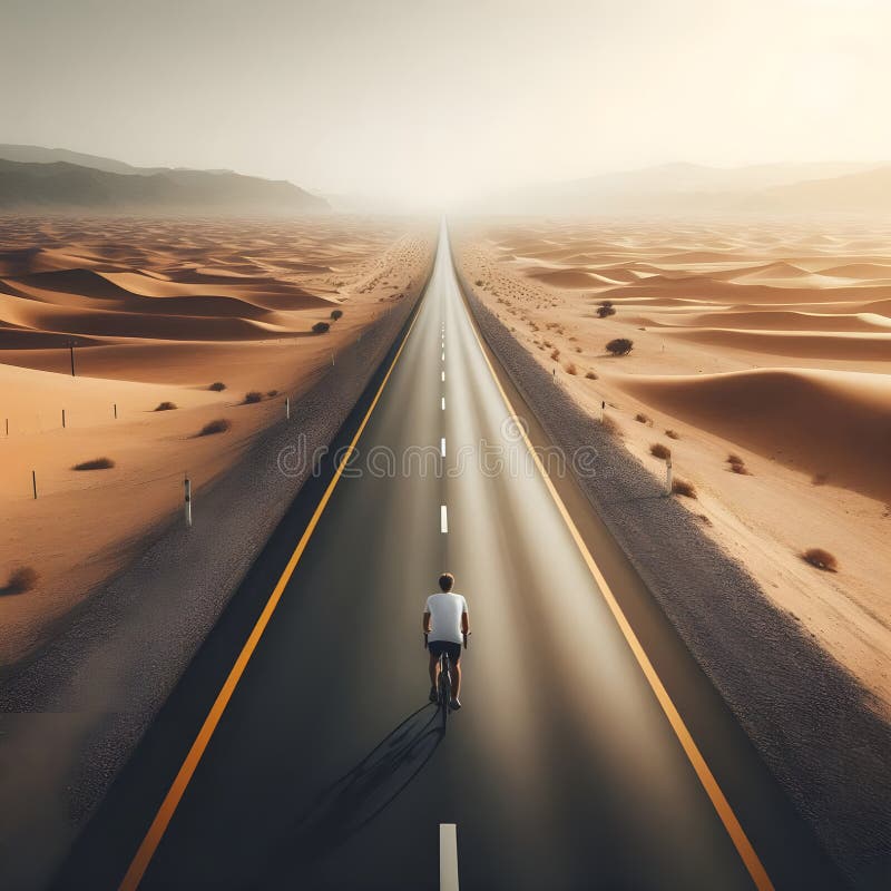 A Lone Cyclist is Crossing a Straight and Empty Road that Stretches Far ...