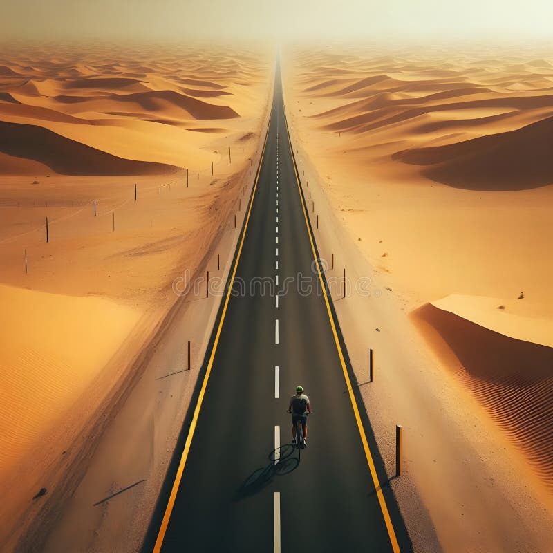 A Lone Cyclist is Crossing a Straight and Empty Road that Stretches Far ...