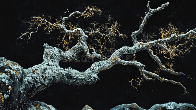 Lone Dead Tree Covered in Glowing Lichen, Its Branches Stretching Like ...