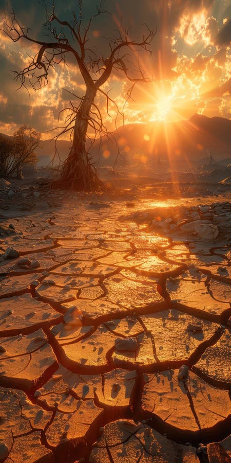 A Lone Dead Tree Stands in a Desert at Sunset Stock Illustration ...