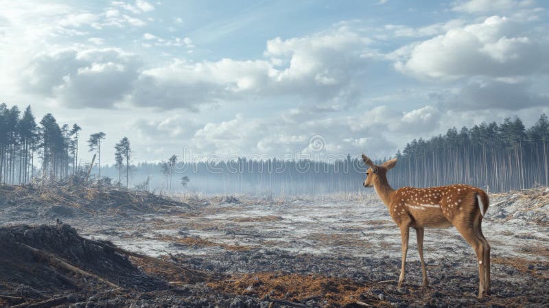 A Lone Deer Stands in a Forest Devastated by Fire Stock Illustration ...