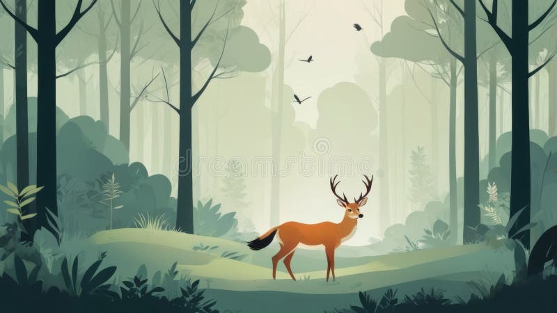 A Lone Deer Stands in a Misty Forest Stock Illustration - Illustration ...