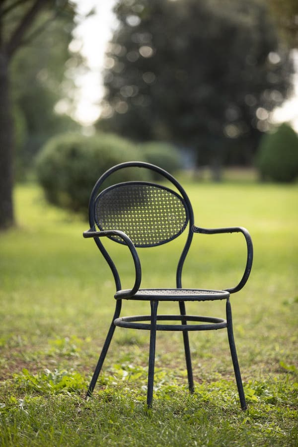 Lone Designer Chair in the Park on the Lawn Stock Photo - Image of ...