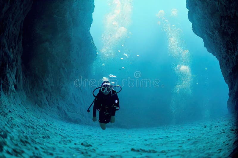 Lone Diver and Diver Underwater View of Deep Sea Cave. Stock ...