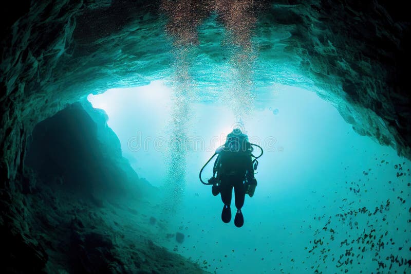 Lone Diver and Diver Underwater View of Deep Sea Cave. Stock ...