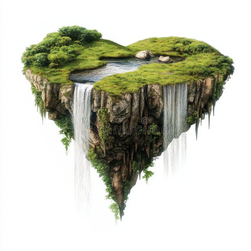 A Lone Emerald Island, Featuring a Mountain and Waterfall, Floating ...