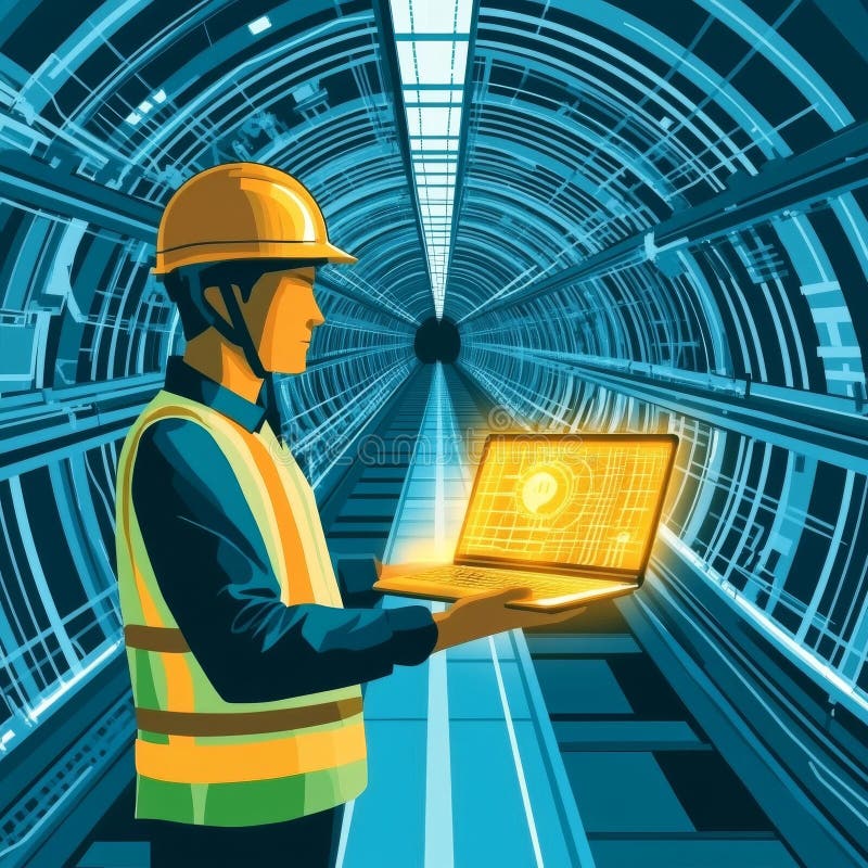 A Lone Engineer, Clad in a Reflective Safety Vest, Stands in a Dark ...