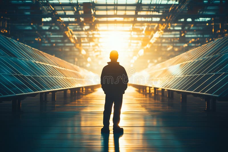 Lone Engineer Silhouetted Against Shimmering Solar Panel Installation ...