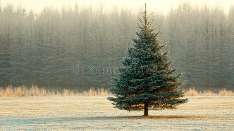 Lone Evergreen Tree in Frosty Field at Dawn Stock Illustration ...