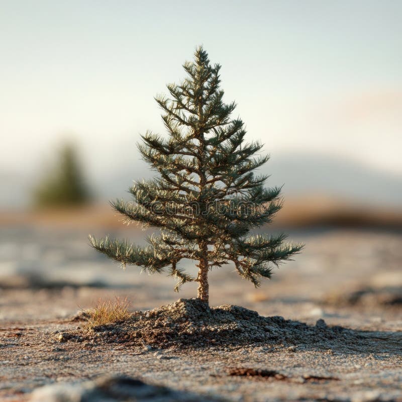Lone Evergreen Tree Stands on Rugged Terrain during Twilight Stock ...