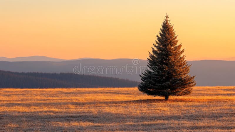 Lone Evergreen Tree Sunset Mountain Meadow Landscape Stock Illustration ...